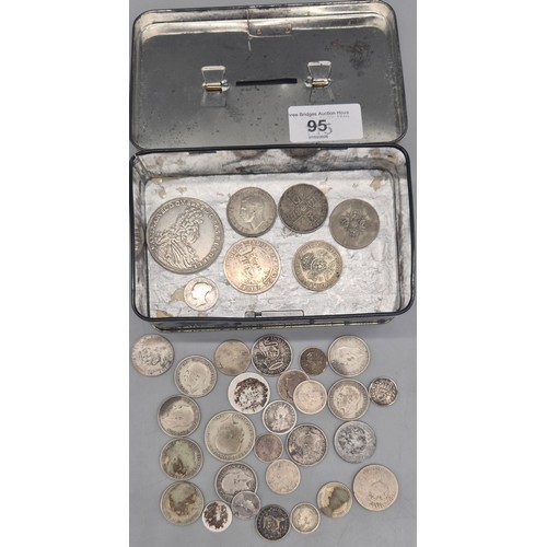 A Tin containing a collection of Silver coins; includes a reproduction ...