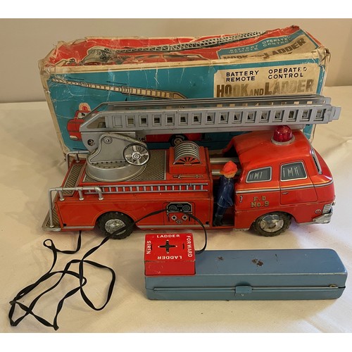 Boxed Tinplate 1960s Battery-Operated Fire Engine with Figure & Ladder ...