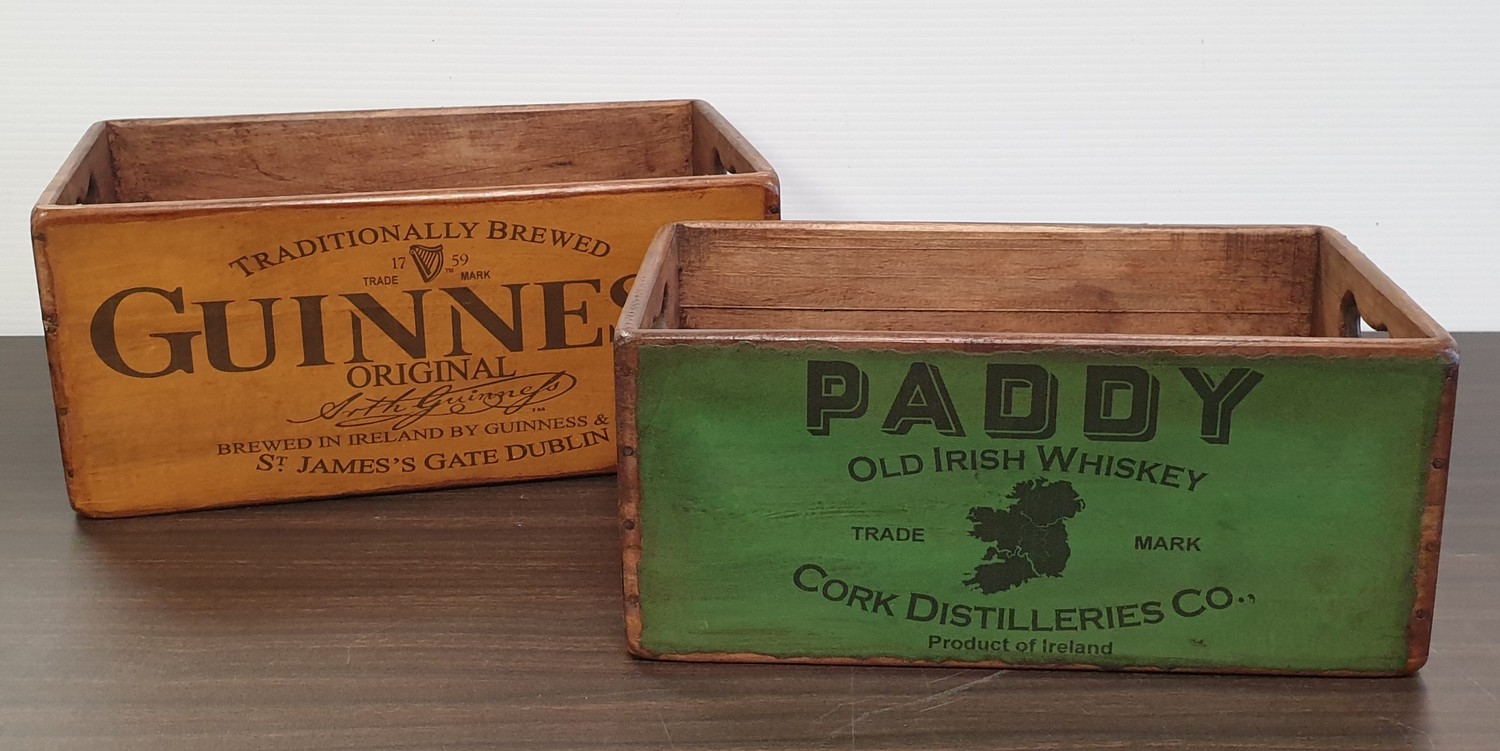 Lot of 2x Wooden Boxes Guinness and Paddy Whiskey (Guinness L: 35cm x D ...