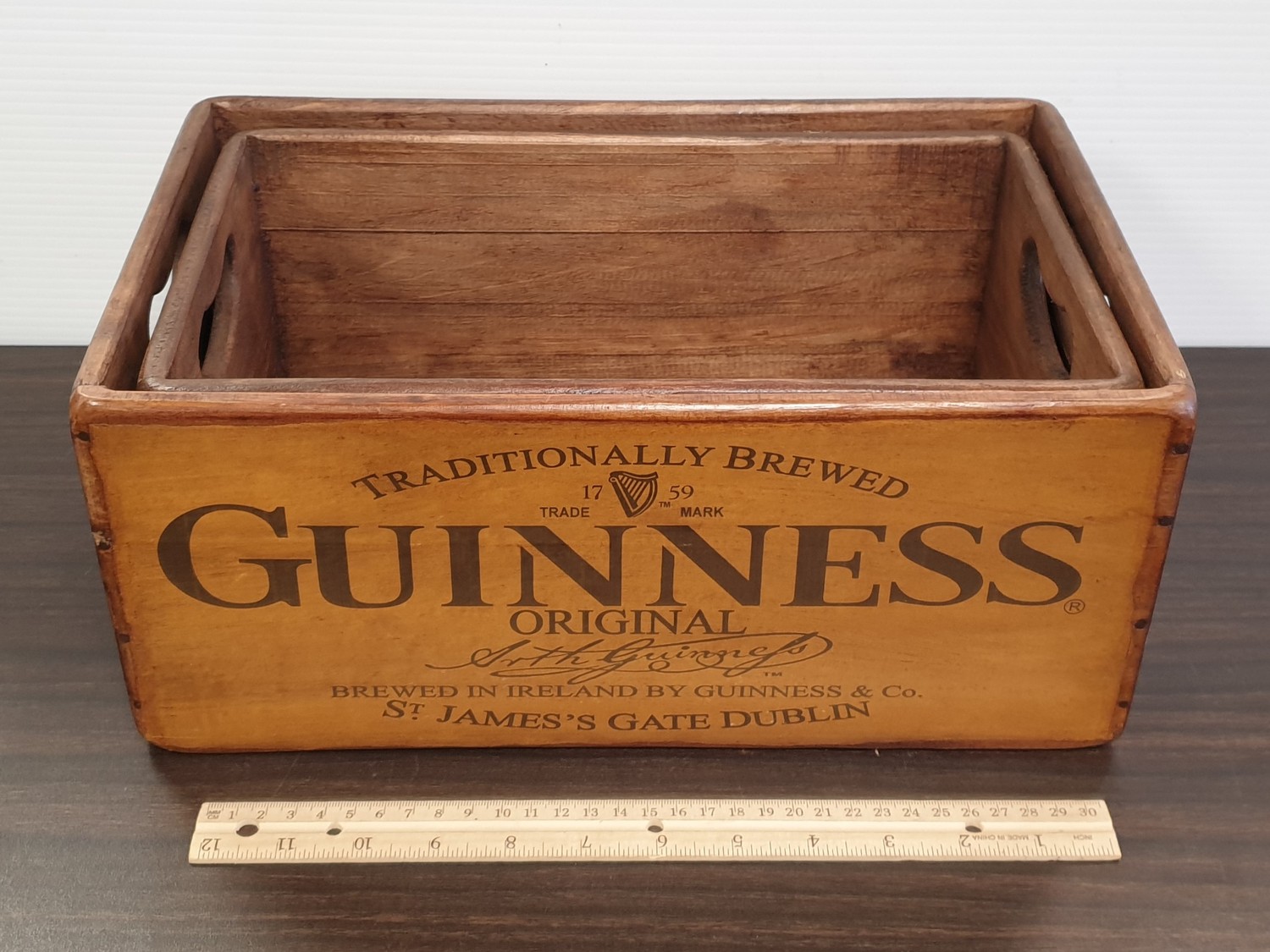 Lot of 2x Wooden Boxes Guinness and Paddy Whiskey (Guinness L: 35cm x D ...