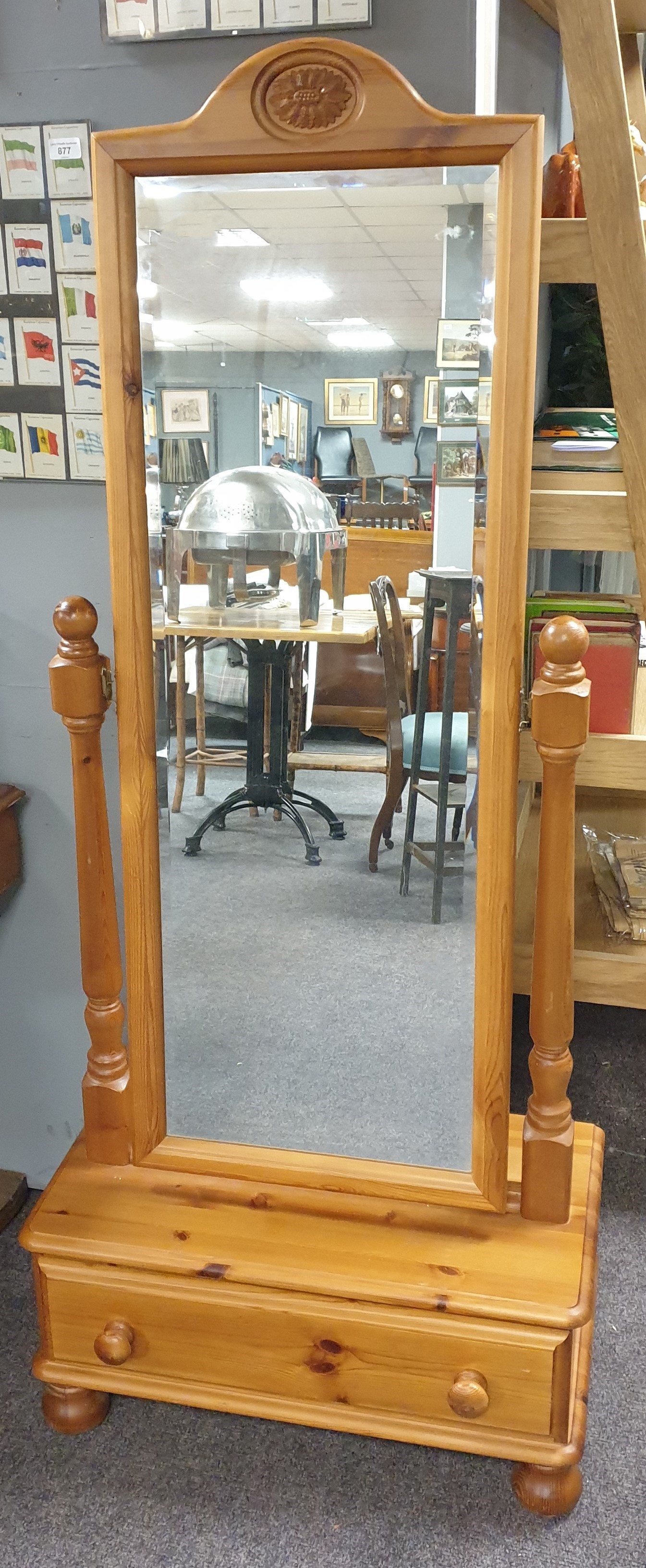 Pine Cheval Mirror on Stand with Drawer H: 155cm x W: 66cm x D: 35cm