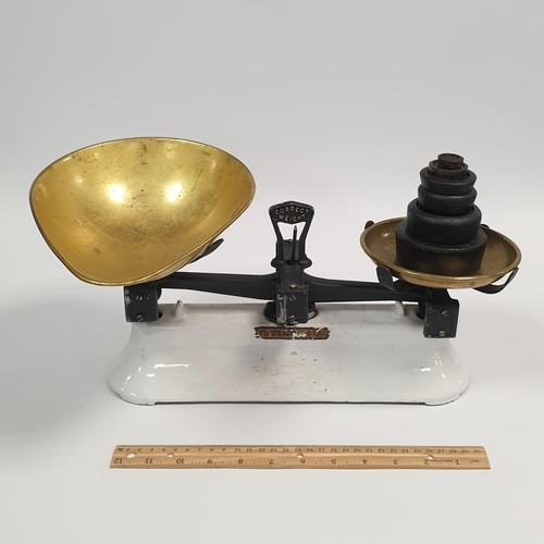 Enamel and Iron Scales with Brass Trays and Set of Weights