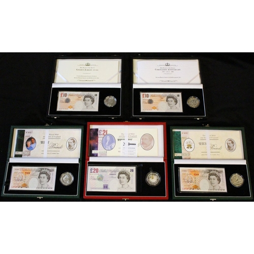 BANKNOTE/SILVER COIN SETS - Royal Mint cased proof £5 coins accompanied ...