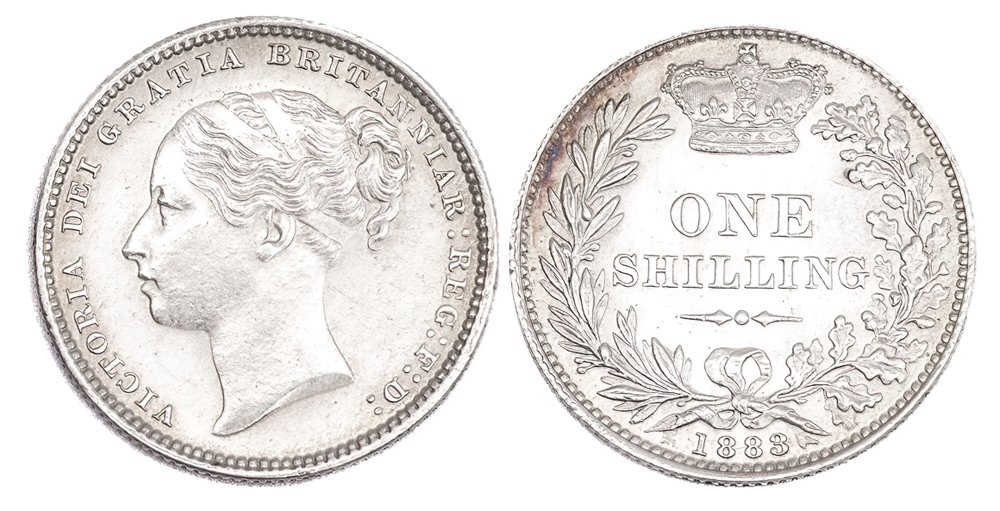 1883 shilling, UNC and quite choice with peripheral light golden tones.
