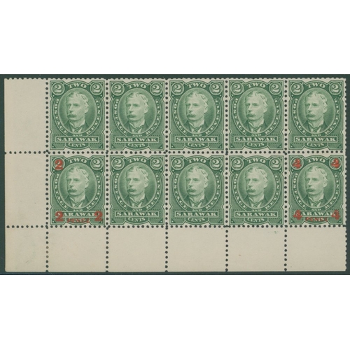 1895 2c green, perforated bottom left, corner block of ten, two stamps ...