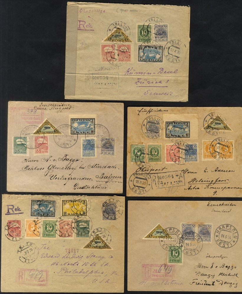 1920 group of five registered multi franked covers each bearing a 5m ...