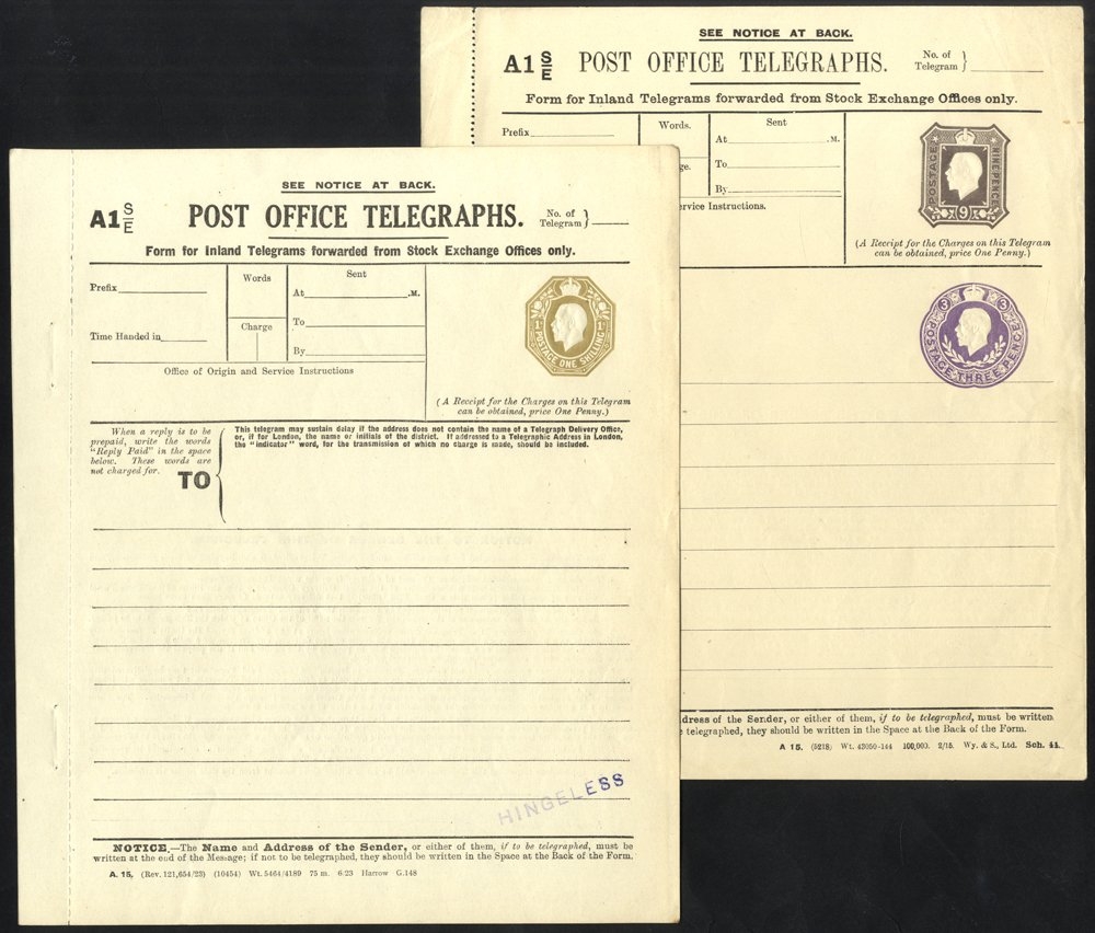 P.O INLAND TELEGRAPH FORMS FOR USE AT STOCK EXCHANGE KGV 1920 9d dark ...