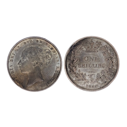1854 shilling, GVF, toned, very rare.