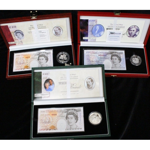 Banknotes & Proof Coins sets (3) comprising 1996 Queen's 70th £10 note ...