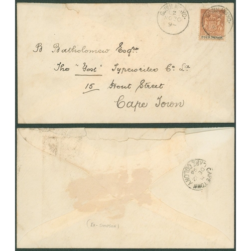 1894 (30 Nov) envelope to Cape Town, bearing 1892-94 4d tied by ...