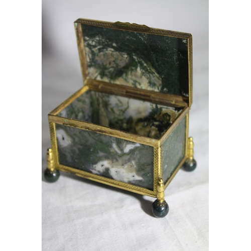 Gilt metal mounted moss agate trinket box 2" h. x 2 1/2" w.