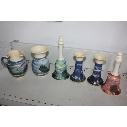 Pair Boscastle Pottery candlesticks 5 1/4", jug bell etc