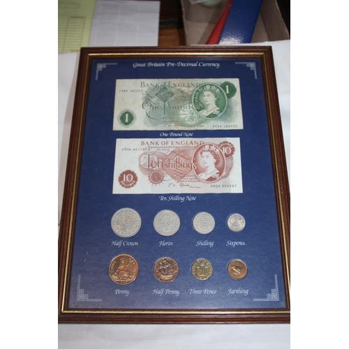 Framed pre decimal currency coins & notes