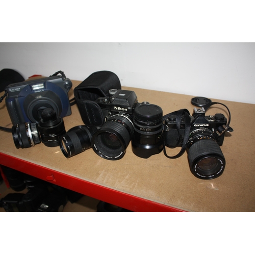 Nikon & Olympus cameras, 3 assorted lenses & Fuji Film instant camera