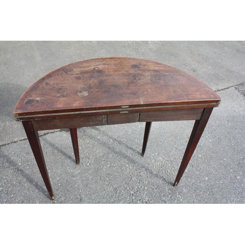 Mahogany semi circular foldover baize lined card table 29" h. x 34" x 17"