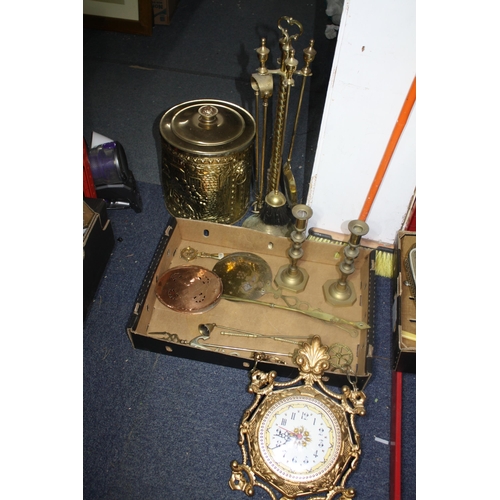 Companion set, coal bucket, candlestick, plastic clock etc