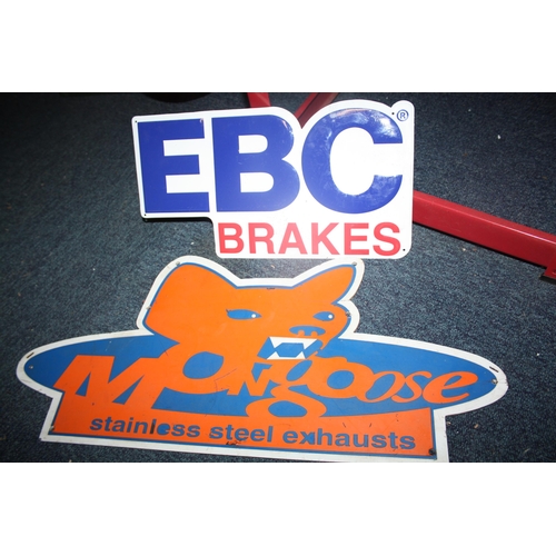Tin EBC Brakes sign 15" w. & plastic Mongoose Exhaust sign