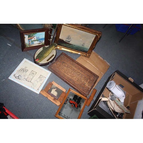 Oil galleon & assorted pictures, carved tray a/f & sing & swing fish