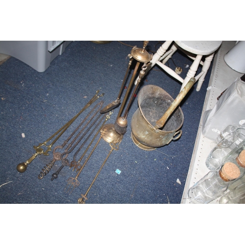 Brass companion set, coal scuttle, tongs etc
