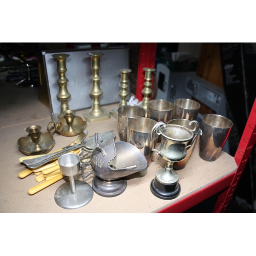 Plated coal helmet, trophy, goblets & 2 pair brass candlesticks