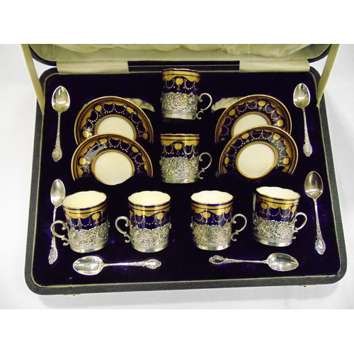 Minton cased coffee set to include cups, saucers and hallmarked silver ...