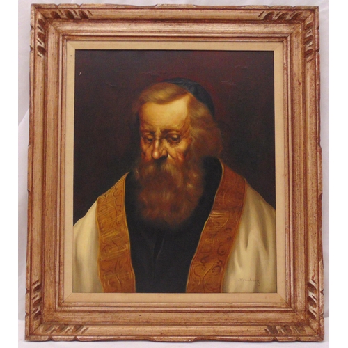 Bromberg framed oil on canvas of a Rabbi wearing a robe with gold ...