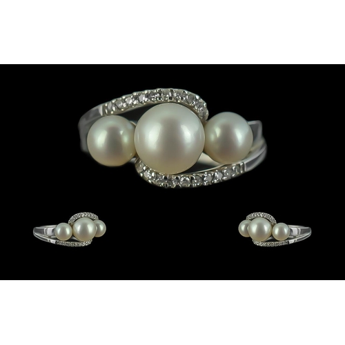 Ladies Pearl and Diamond Ring Set In 9ct White Gold. Superior Ring Set ...