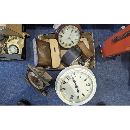 Box of Assorted Vintage Clocks, including mantle clocks, wall clocks, two wooden clock money boxes,
