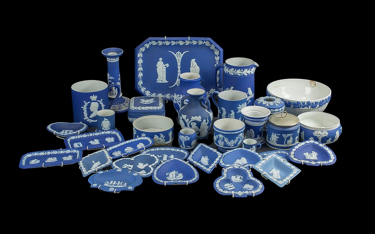 Quantity of Wedgwood Blue Jasper Ware, to include jugs, cups, plaques ...