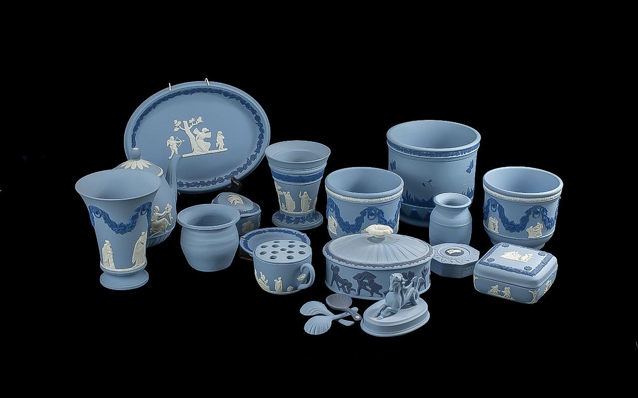 Box of Wedgwood Jasper Ware, classical scenes, to include vases, teapot ...