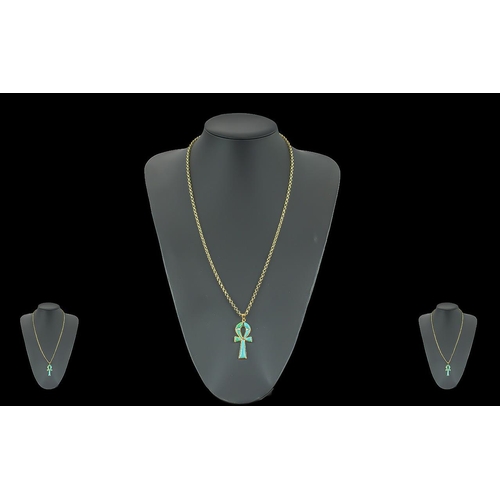 A Fine 18ct Gold Turquoise Set Ankh - Attached to a Long 9ct Gold ...