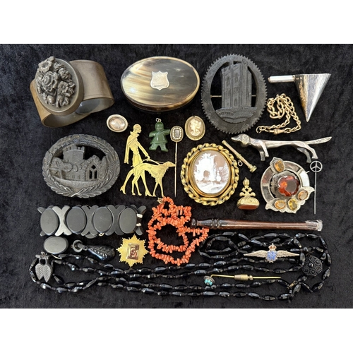 Mixed Collection of Oddments, to include Jet brooches, bangle, Hagenauer metal ware dog firgure, Art