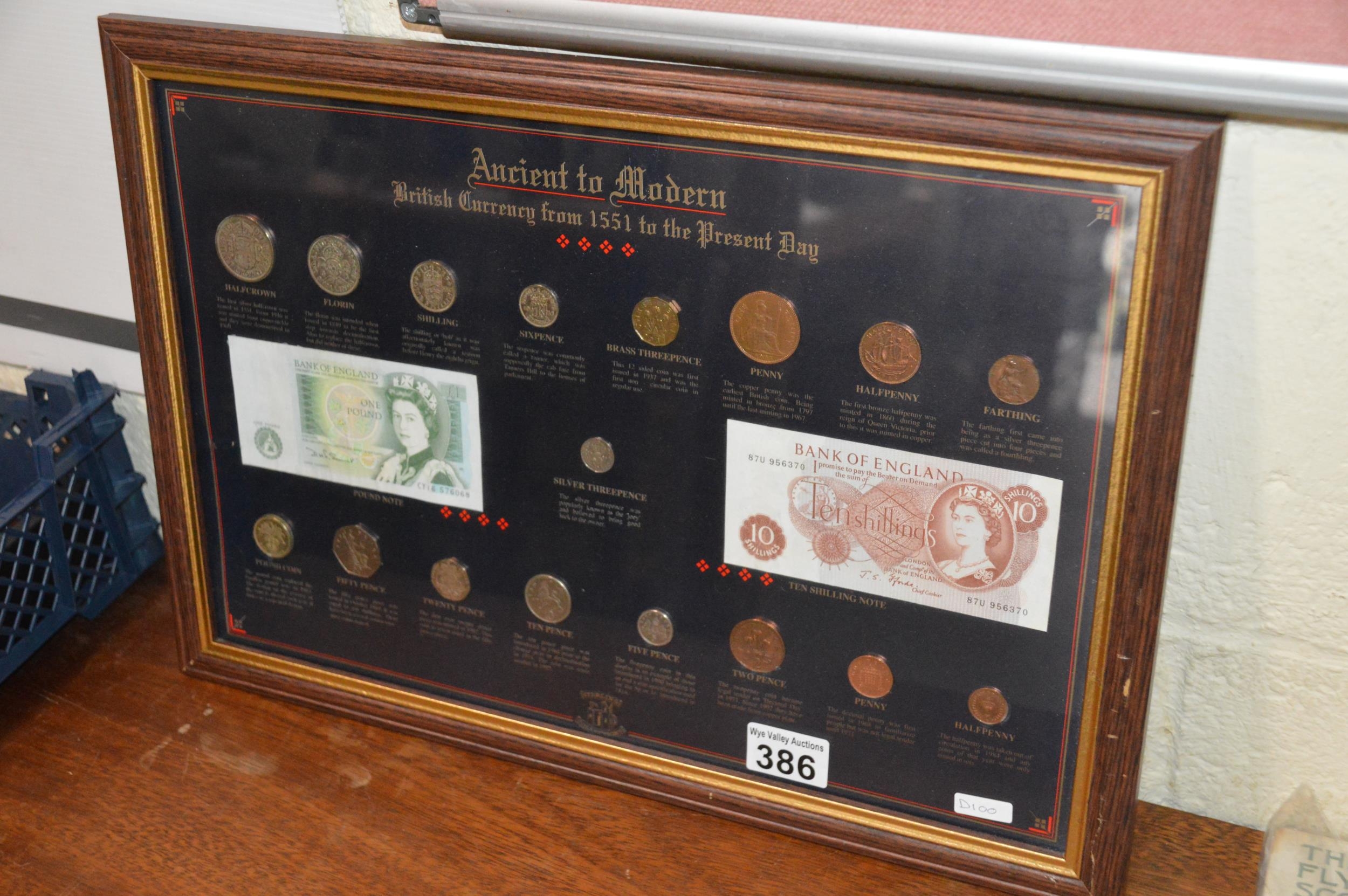 framed set of UK coinage/notes