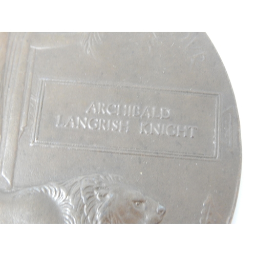 WWI Bronze Death Plaque Awarded & Named to ARCHIBALD LANGRISH KNIGHT ...