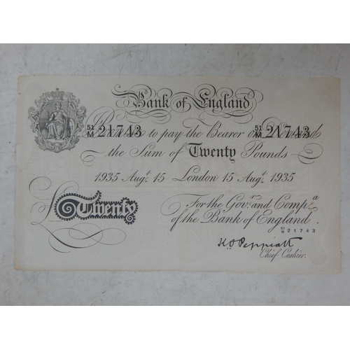 Bank of England white Twenty Pound note dated 15 August 1935 cashier ...