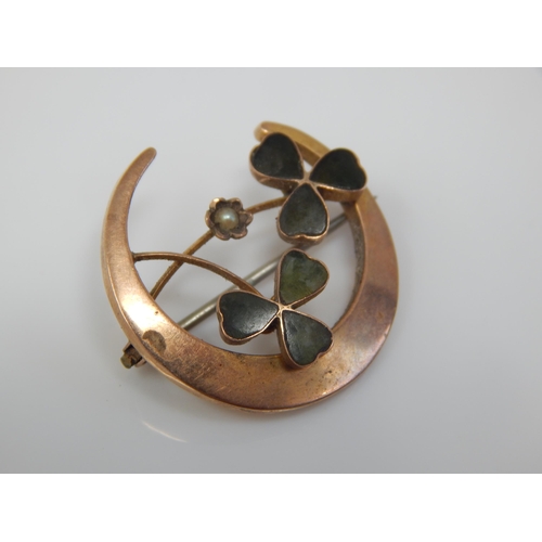 Edwardian 9ct Gold Crescent Brooch Set with Two Articulated Shamrocks & Seed Pearl: Weight 1.89g
