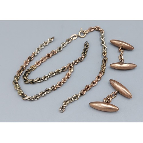 A 9ct gold neck chain, together with a pair of 9ct gold cuff links, 7.5gms