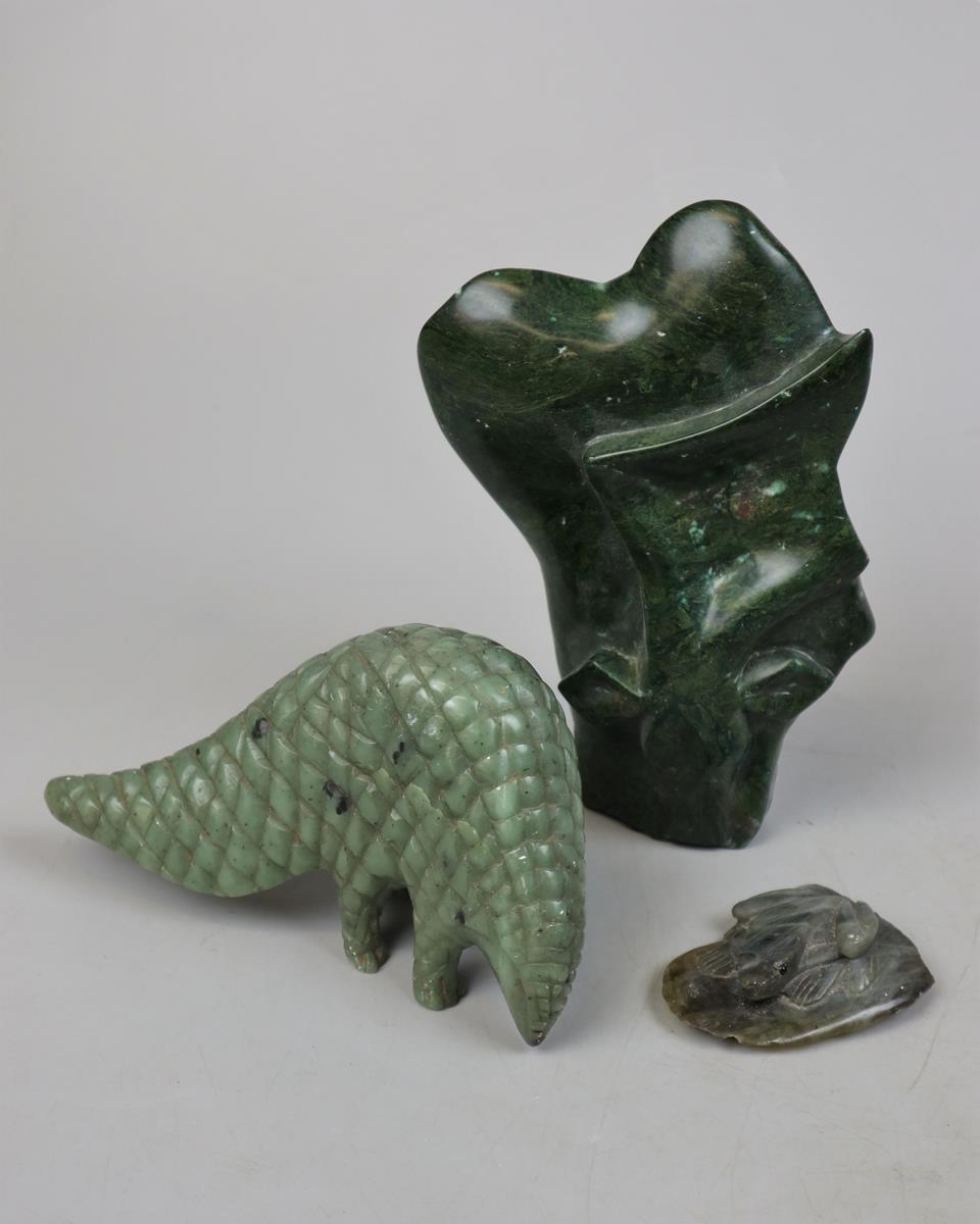 Stone carvings - Chinese jade pangolin, Canadian labradorite frog ...