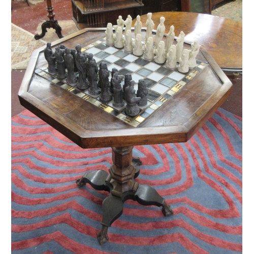Octagonal tilt top tripod chess table and pieces