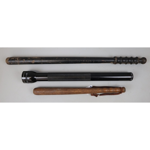 2 x wooden truncheons - approx L: 66cm and 41cm together with a 6D ...
