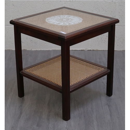 Pair of glass top bergère side tables