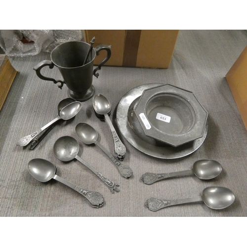 An octagonal pewter bowl together with pewter plate, 2 handled pewter ...