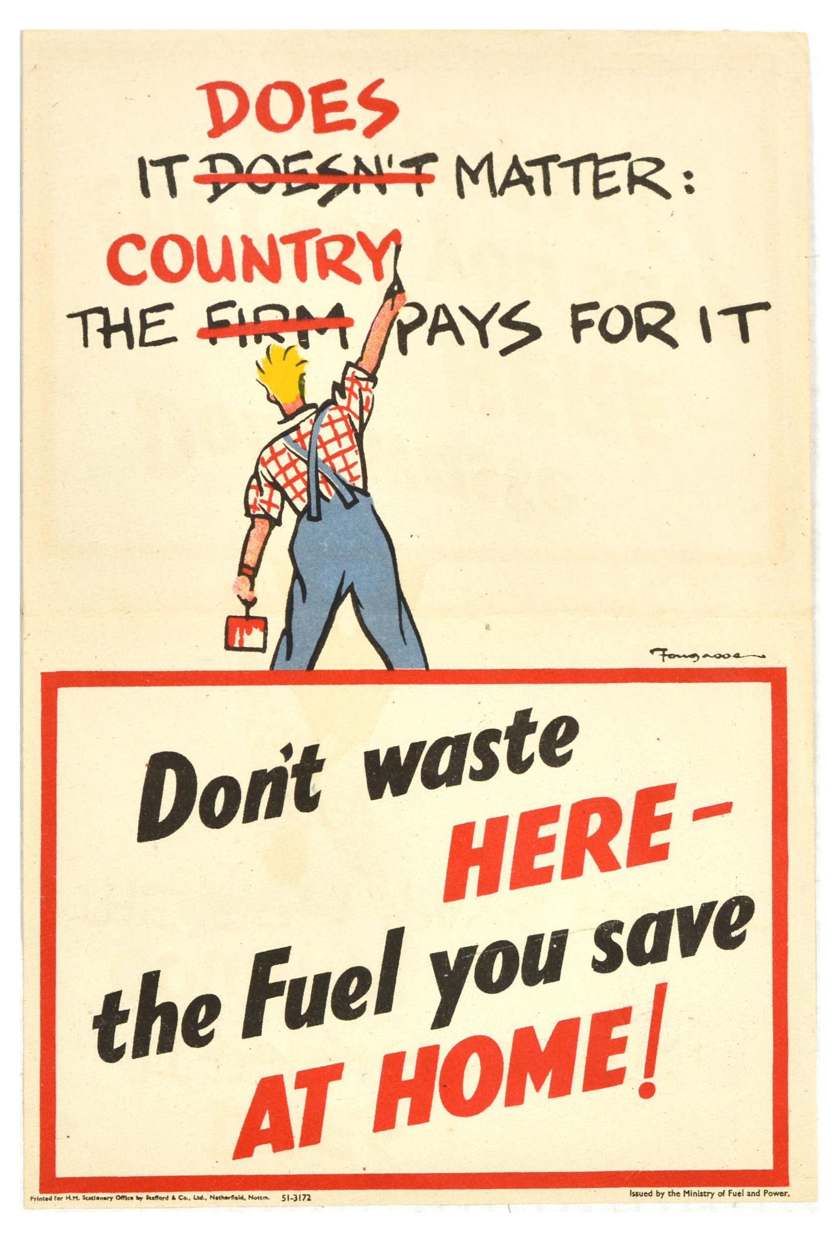 War Poster Fuel Waste Here Fougasse WWII UK Home Front. Original ...