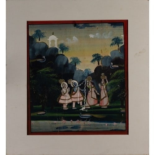 AN INDIAN BUNDI SCHOOL MINIATURE PAINTING OF GOPIS WITH KRISHNA, 19TH ...