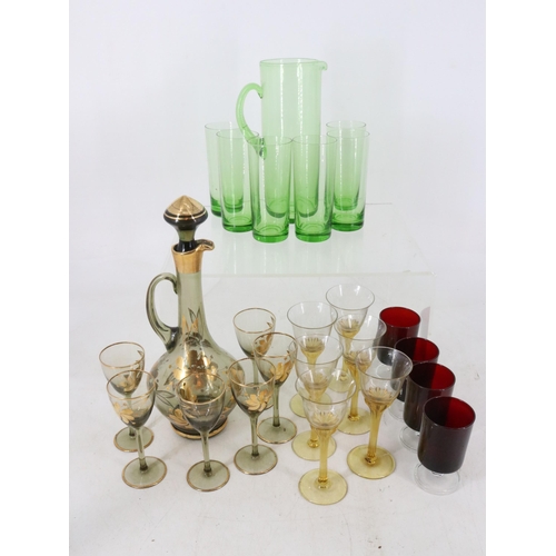 Vintage lemonade set jug and six glasses with a Kitsch decanter and ...