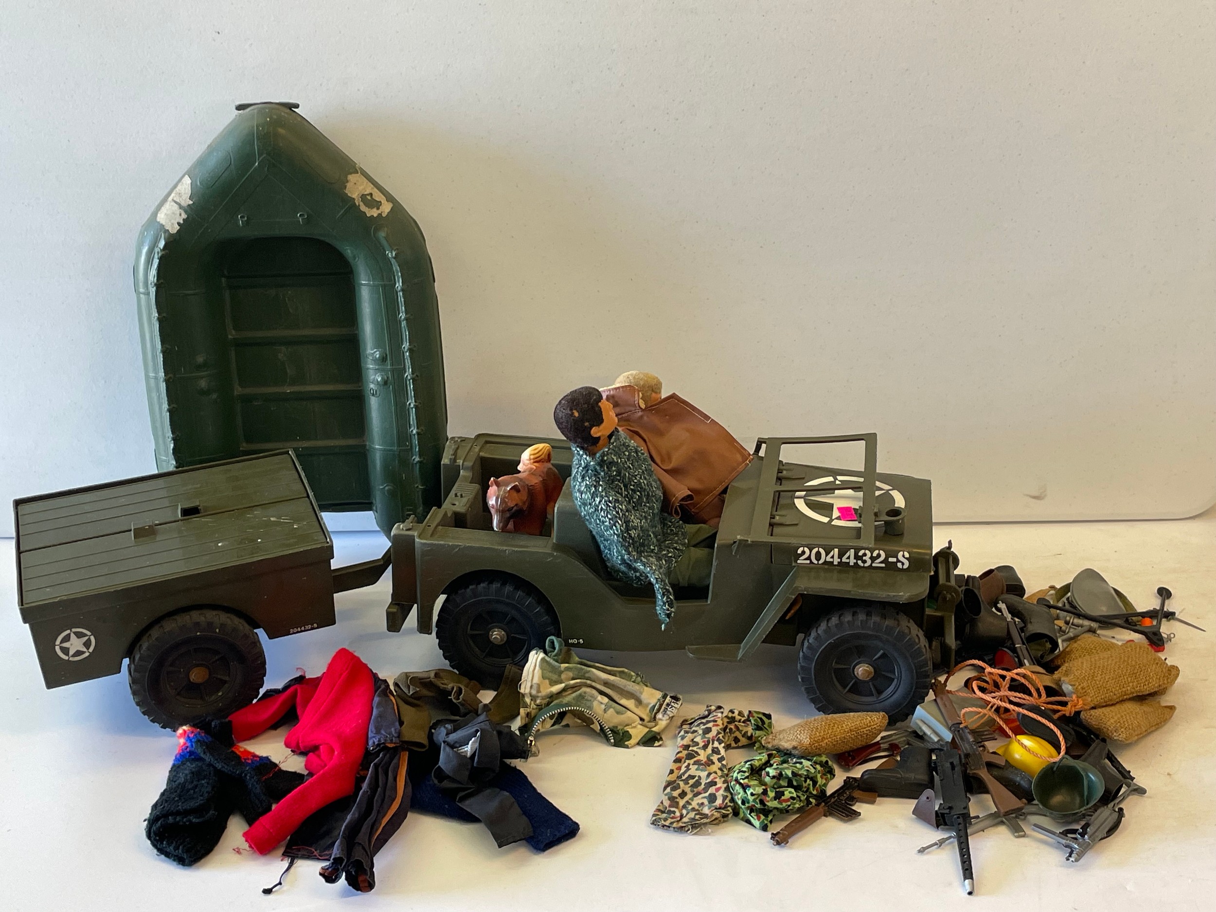 Vintage Action Man jeep, trailer, rib, accessories, clothing etc