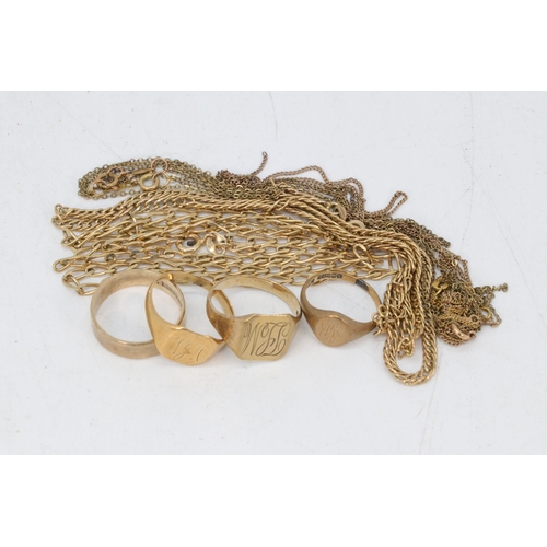 Selection of 9ct gold chains, 3 9ct gold rings and an 18ct gold ring ...
