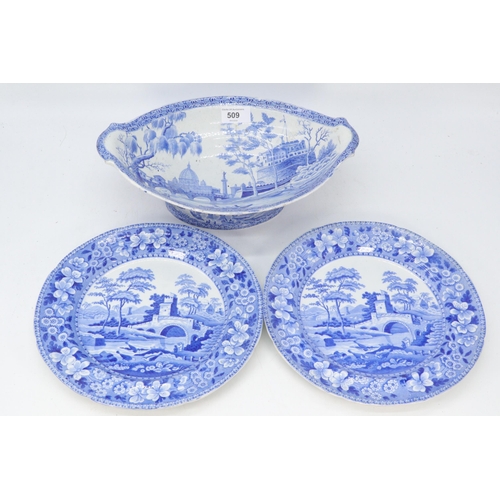 Spode two handled blue and white dish, two Spode plates together with ...
