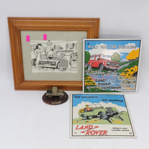 Two land rover tin signs, framed Land Rover comical picture and a land ...
