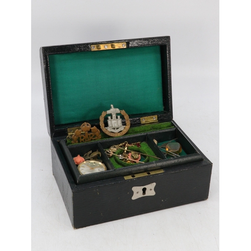 Antique jewellery box together with some contents to include two cap ...
